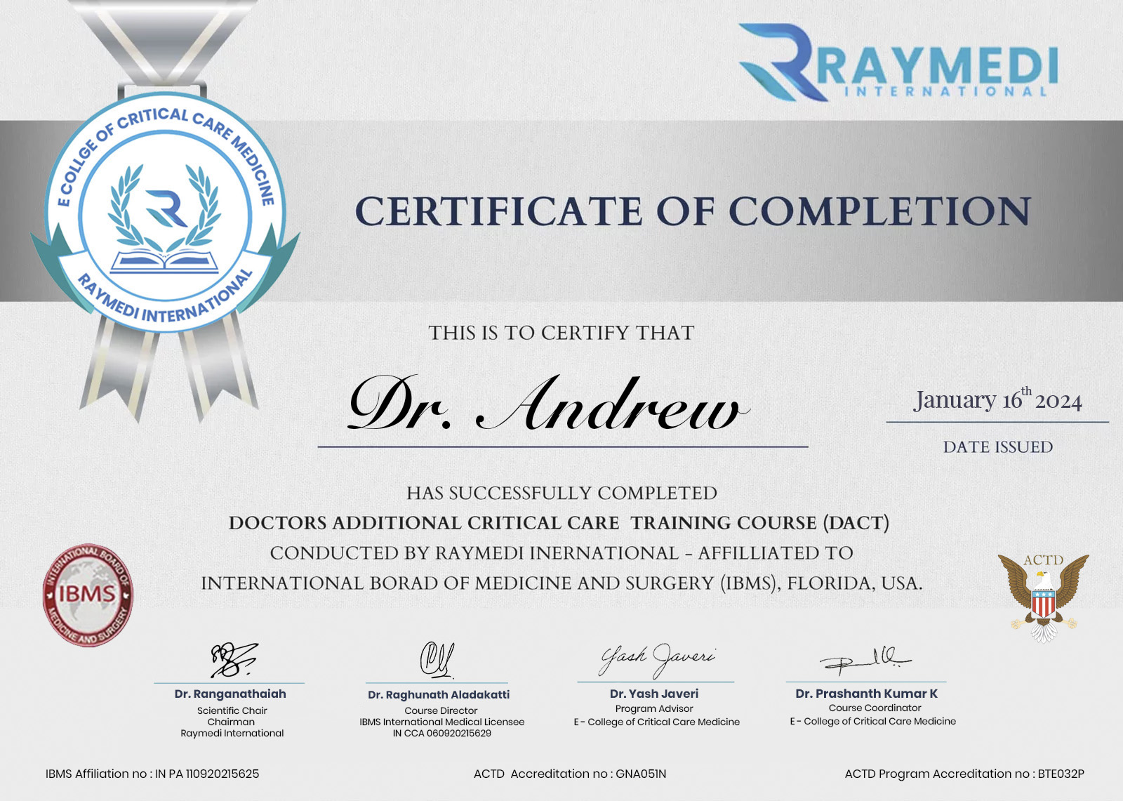 Doctor's Additional Critical care training module (DACT) in India